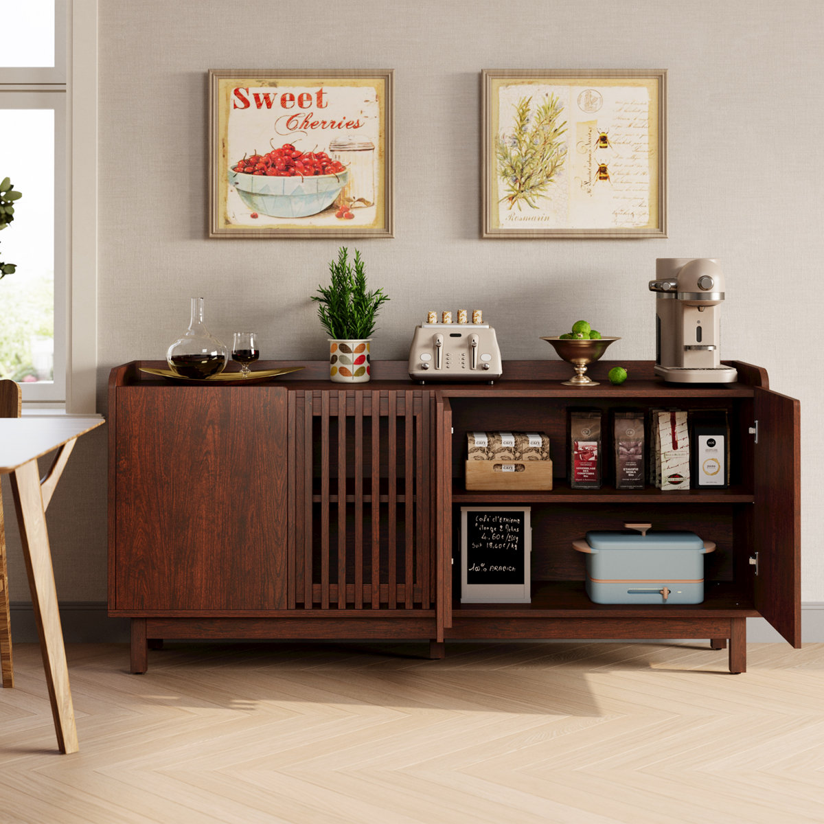 Ebern Designs Storage Cabinet, 63" Large Buffet Cabinet With Shelves And Grille Doors, Mid ...